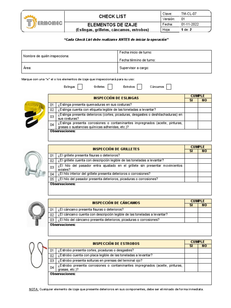 Check List Elementos de Izaje: (Eslingas, Grilletes, Cáncamos, Estrobos ...