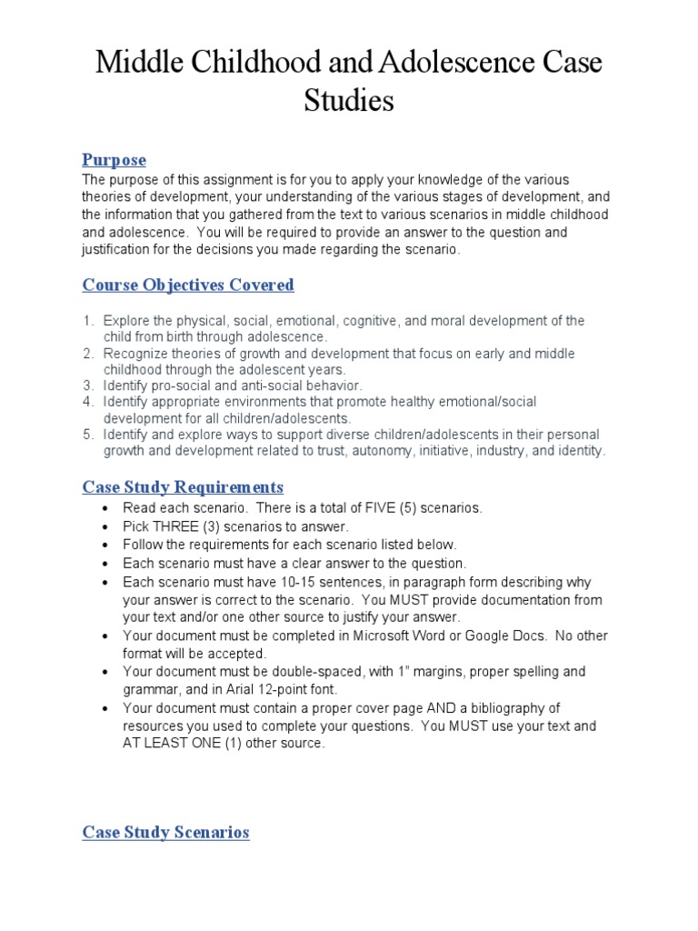 Middle Childhood and Adolescence Case Studies: Purpose | PDF ...
