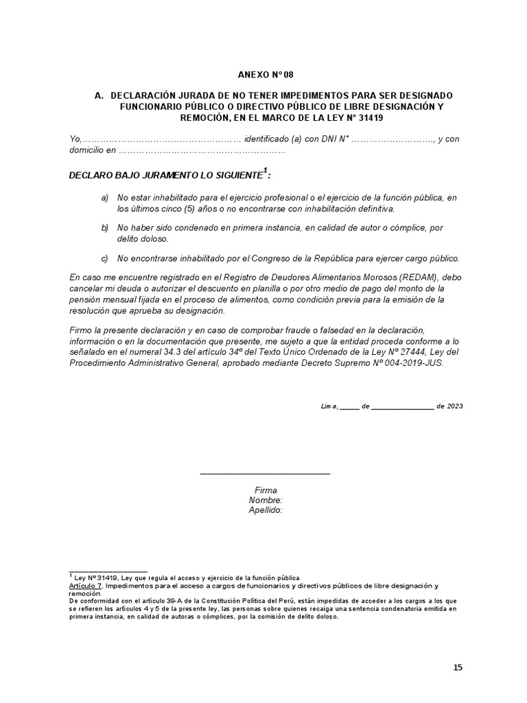 Anexo N° 02 - Modelo de Declaración Jurada (1) | PDF | Gobierno | Justicia