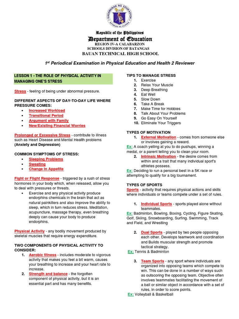 1st Periodical Exam in Physical Education and Health 2 Reviewer | PDF ...