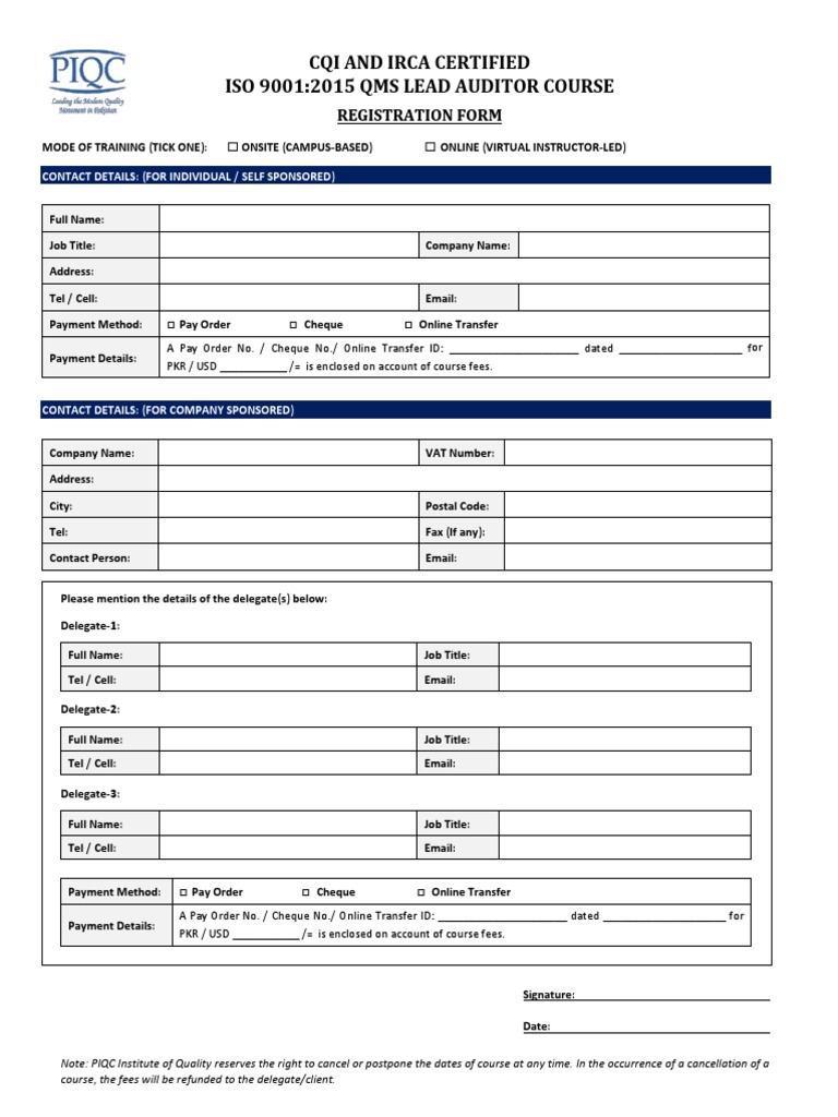 Course Registration Form - CQI-IRCA Certified ISO 9001-2015 QMS Lead ...