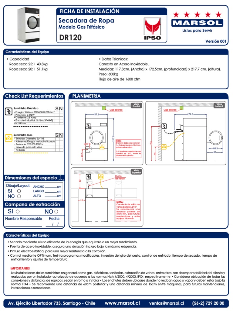DR120 GasTrifásico - Vers. 01 - Ficha - SECADORA DE ROPA | PDF ...
