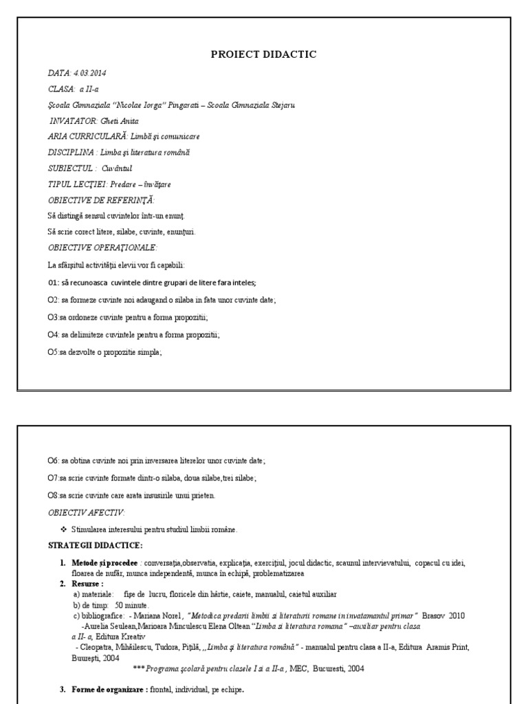 Proiect de Lectie Romana 1 | PDF