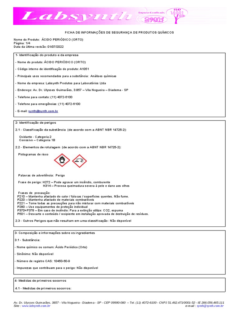 FISPQ - Acido Periodico Orto | PDF | Química | Vapor
