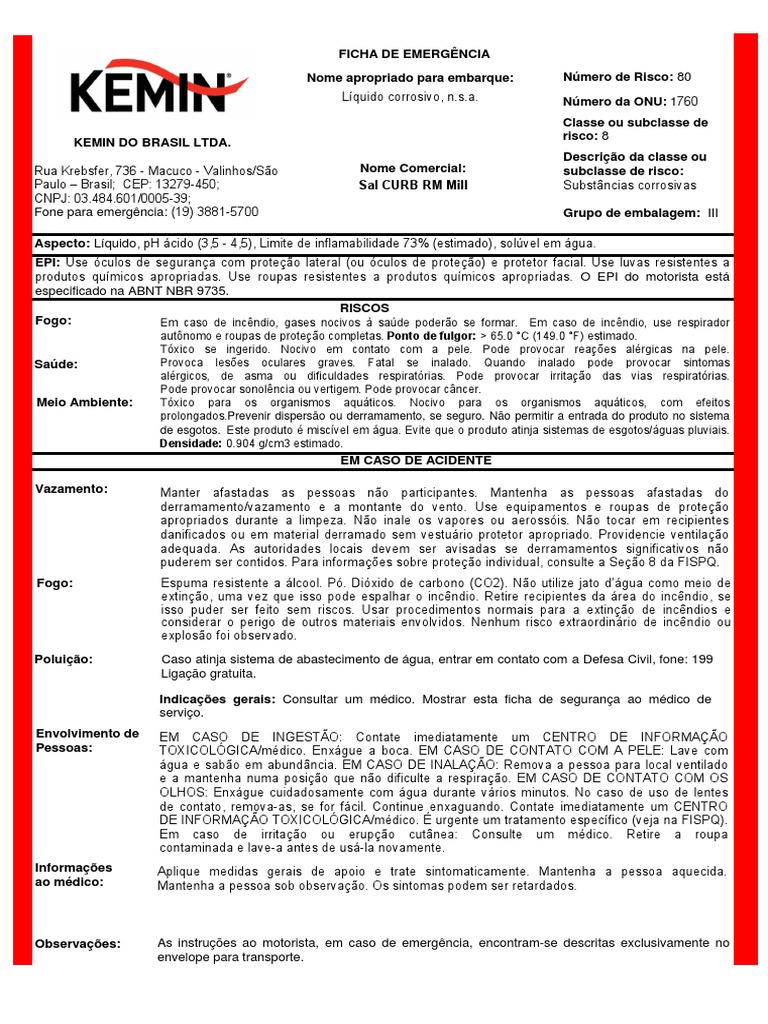 Ficha Emergência - SAL CURB RM MILL - V1 | PDF