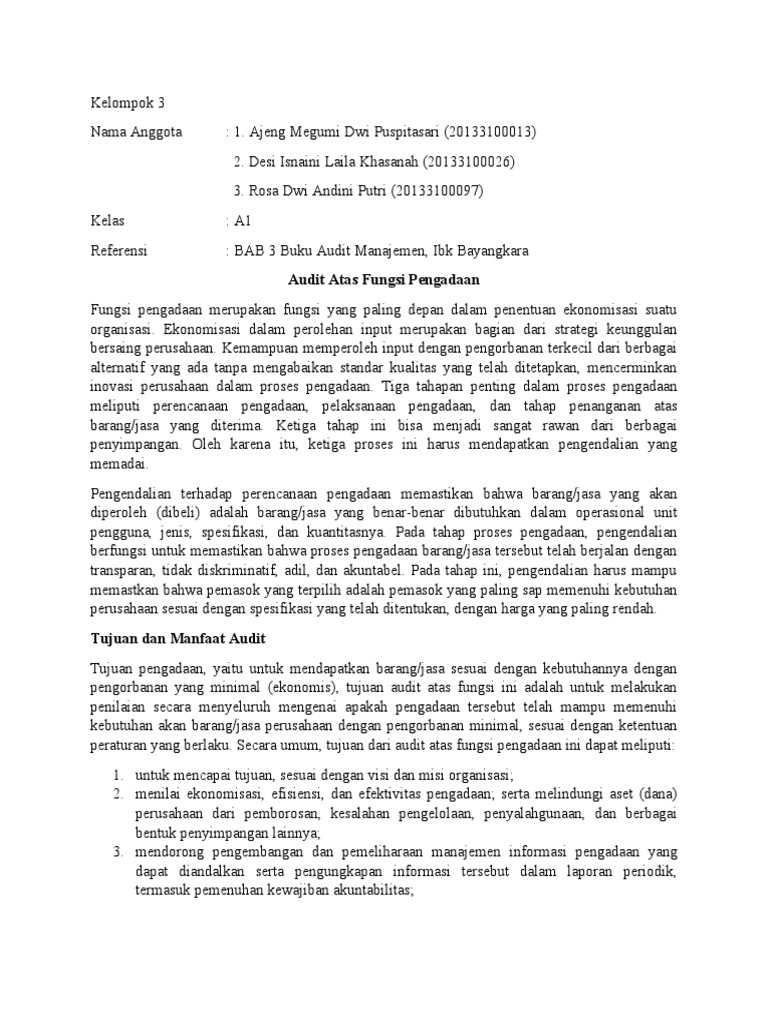 Resume BAB 3 - Kelompok 3 - IBK Bayangkara - Audit Atas Fungsi Pengadaan | PDF