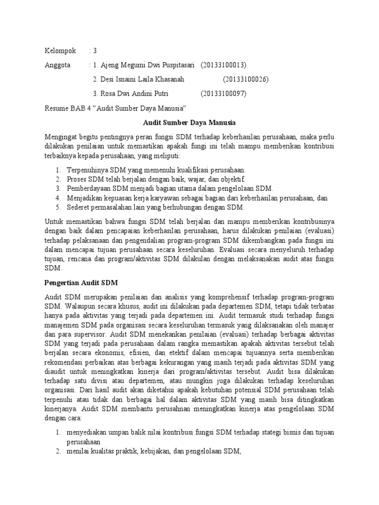 Resume BAB 4 - Kelompok 3 - IBK Bayangkara - Audit Sumber Daya Manusia | PDF