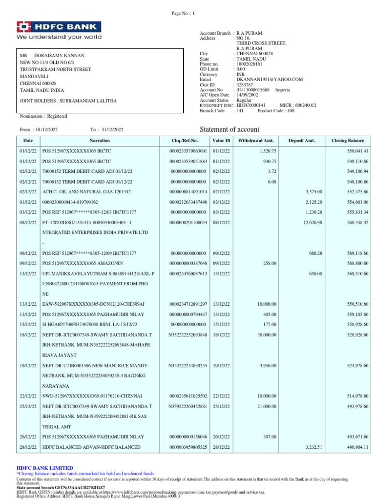 Statement of Account: Date Narration Chq./Ref - No. Value DT Withdrawal ...