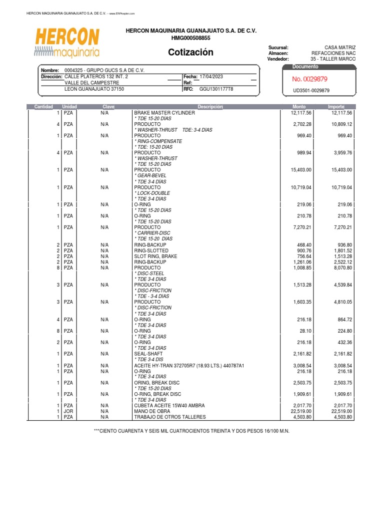 Cotización: Hercon Maquinaria Guanajuato S.A. de C.V. HMG000508855 | PDF