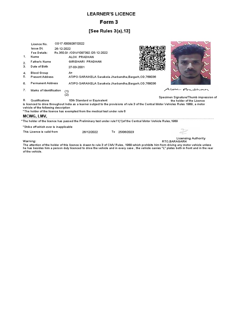 Form 3: Learner'S Licence | PDF