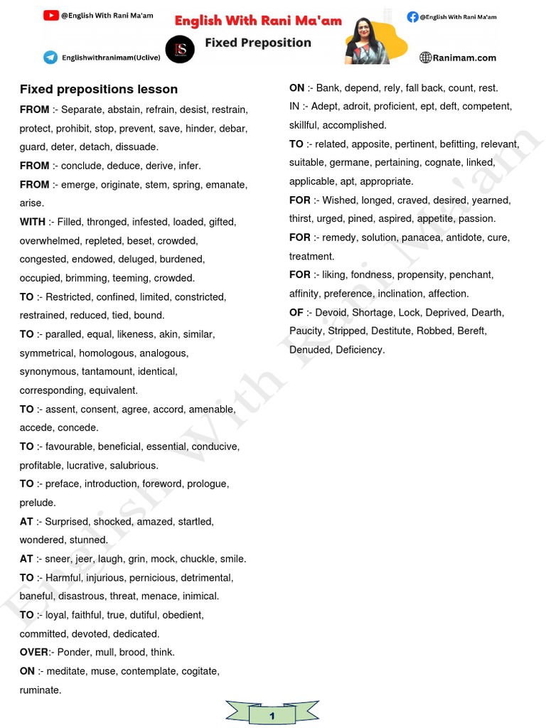 Fixed Prepositions Lesson: Analyzing Preposition Usage in Contexts | PDF