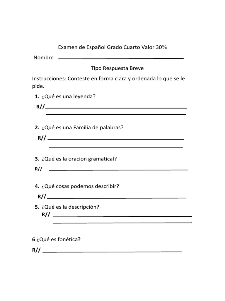 Examen de Español Cuarto Grado | PDF