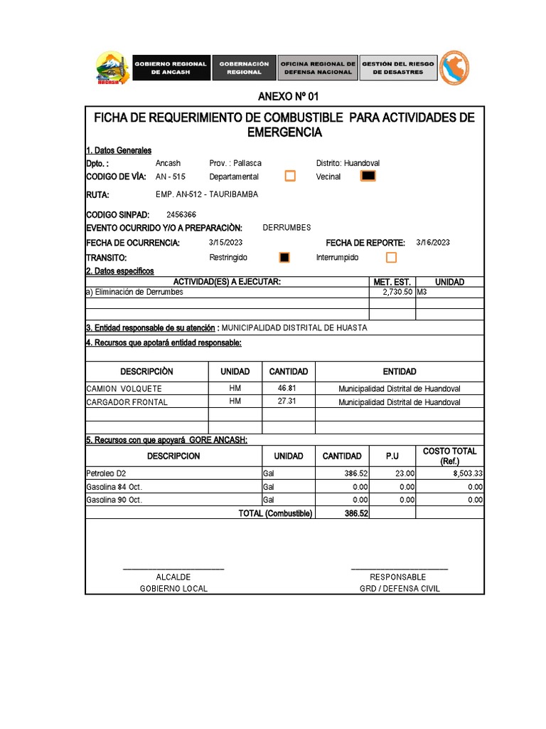 Ficha de Requerimiento de Combustible para Actividades de Emergencia ...