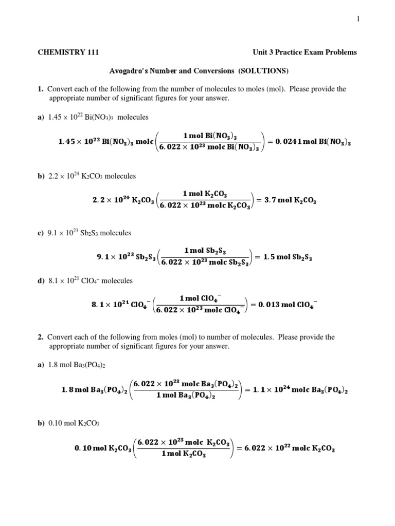 Chemistry 111: Avogadro's Number Practice Exam | PDF | Mole (Unit ...