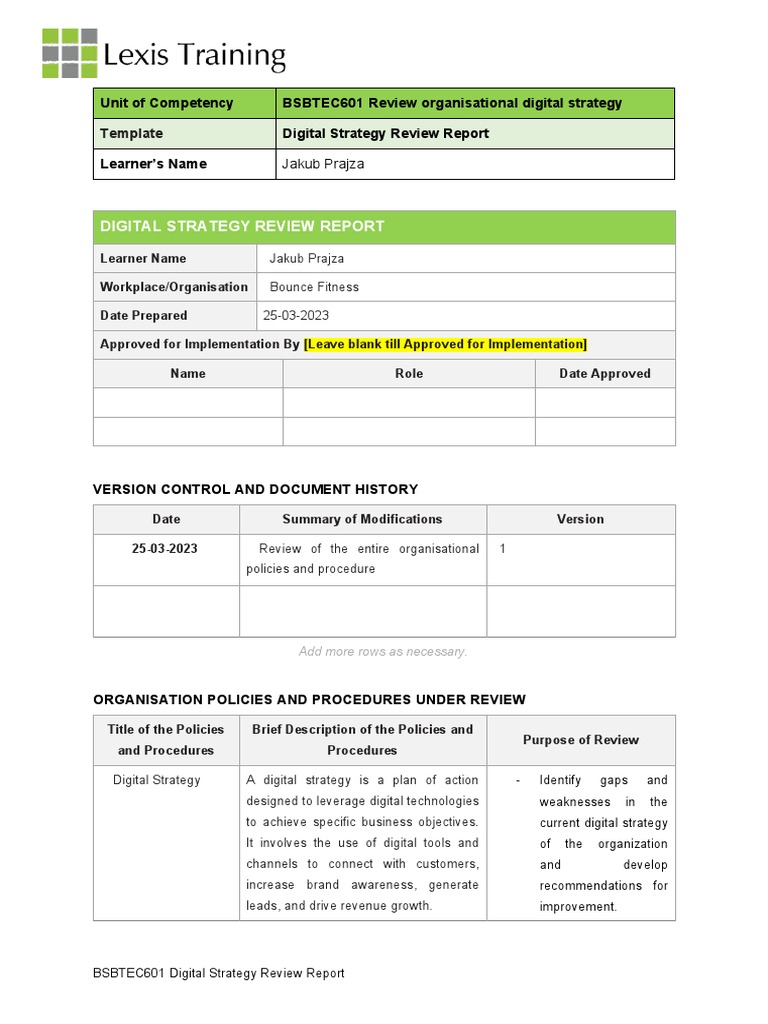 BSBTEC601 Digital Strategy Review Report Template Task 2&5 | PDF ...