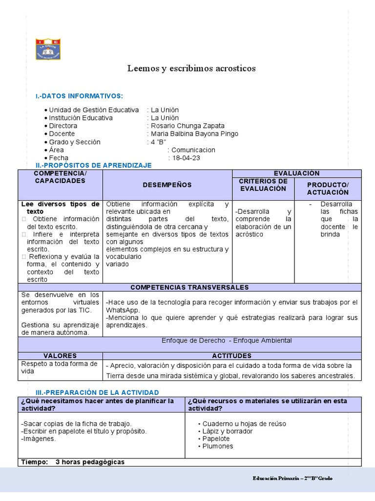Sesion de Aprendizaje 2023 Modelo | PDF | Educación primaria | Aprendizaje