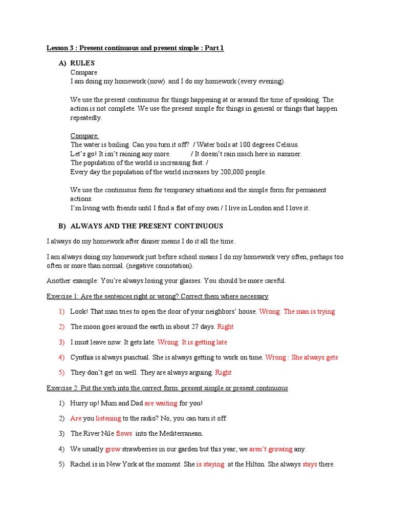 Lesson 3 Present Simple and Present Continuous Correction | PDF ...