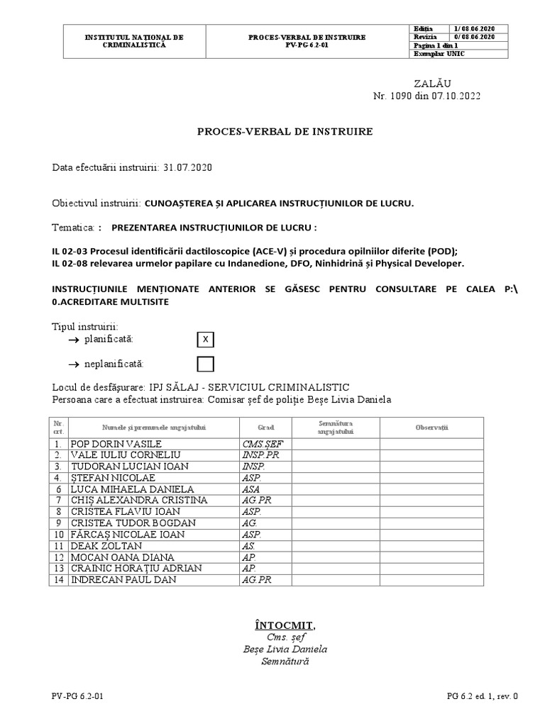 PV-PG 6.2-01 Proces Verbal de Instruire IL | PDF