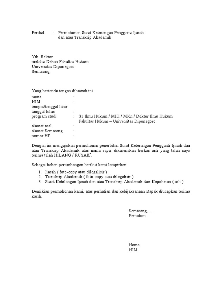 3a SURAT PERMOHONAN PENGGANTIAN IJASAH ATAU TRANSKRIP 1 | PDF