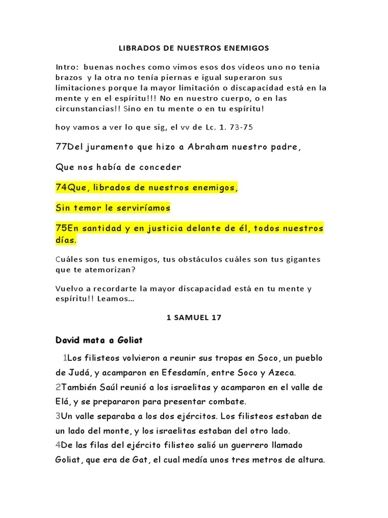 1 SAMUEL 17 David y Goliat | PDF | David | Goliat