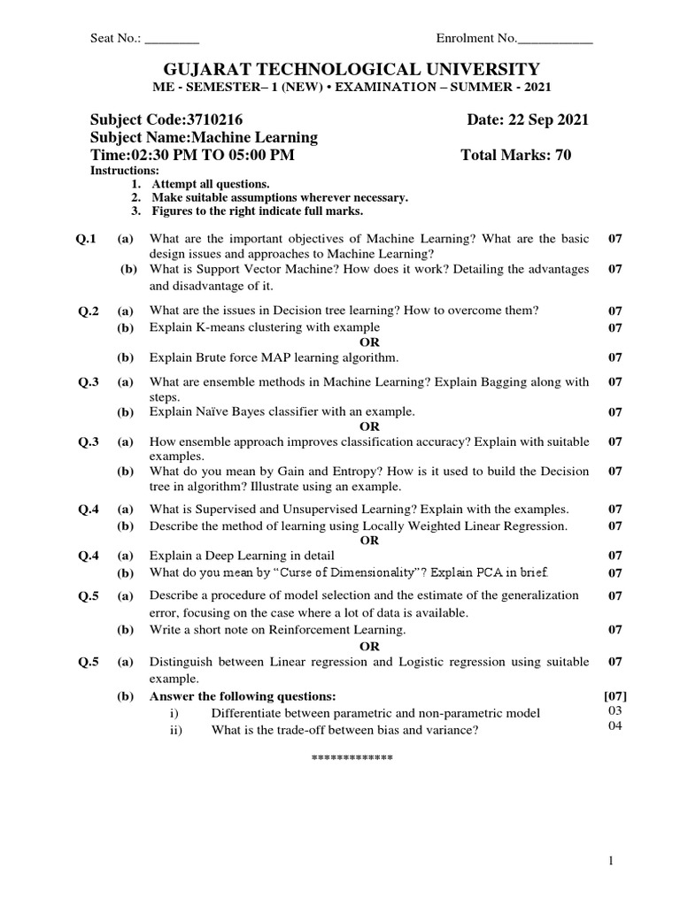 Machine Learning Exam Questions 2021 | PDF | Machine Learning | Cognition