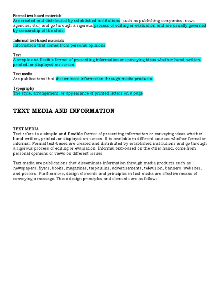 Text Media and Information: Formal Text-Based Materials | PDF | Social ...