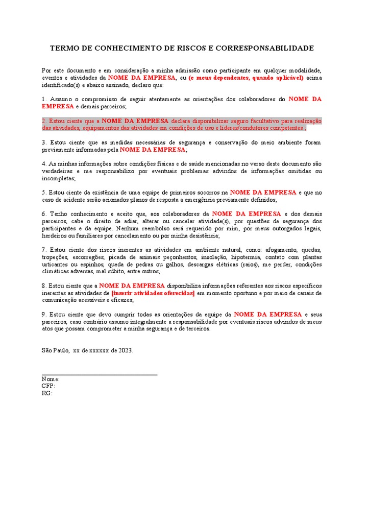 Termo de Conhecimento de Riscos e Corresponsabilidade | PDF