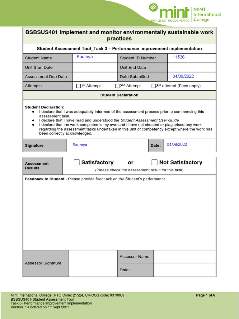 BSBSUS401 SAT Task 3 Performance Improvement Implementation Ver. 1 2 PDF | Download Free PDF ...