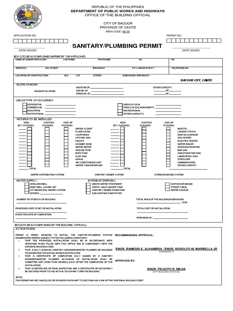 Sanitary Plumbing Permit Application Form | PDF | Plumbing ...