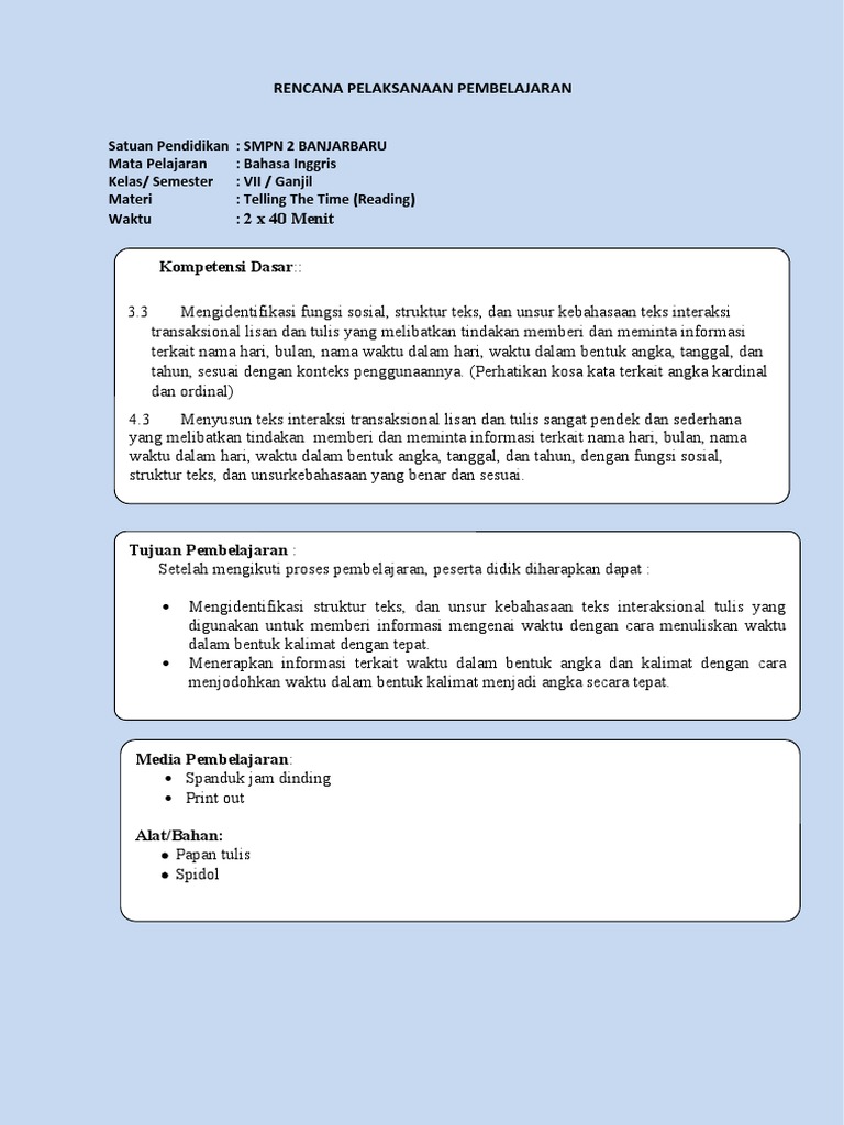 RPP Telling Time Kelas VII SMP | PDF