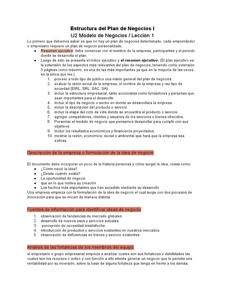 U2-Lección 1 Estructura Del Plan de Negocios I | PDF | Modelo de negocio | Mercado (economía)