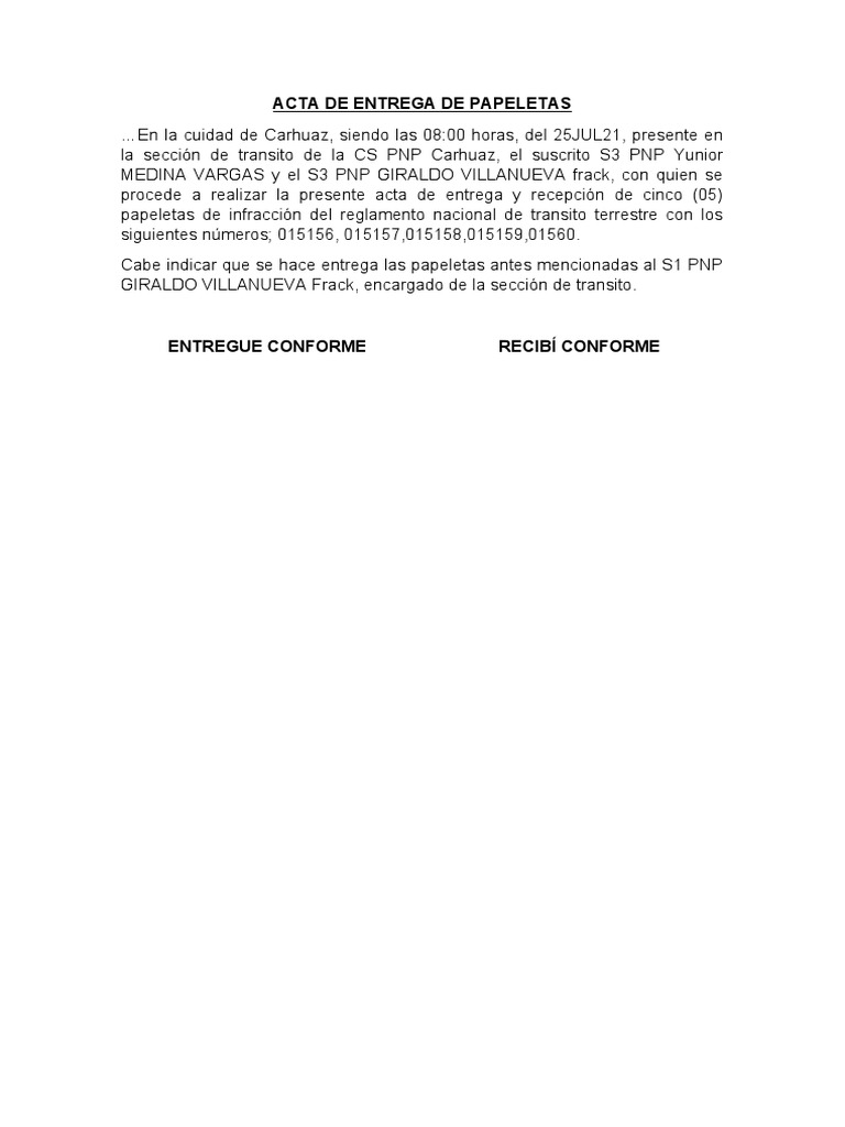 Acta de Entrega de Papeletas | PDF | Viajes y turismo | Derecho