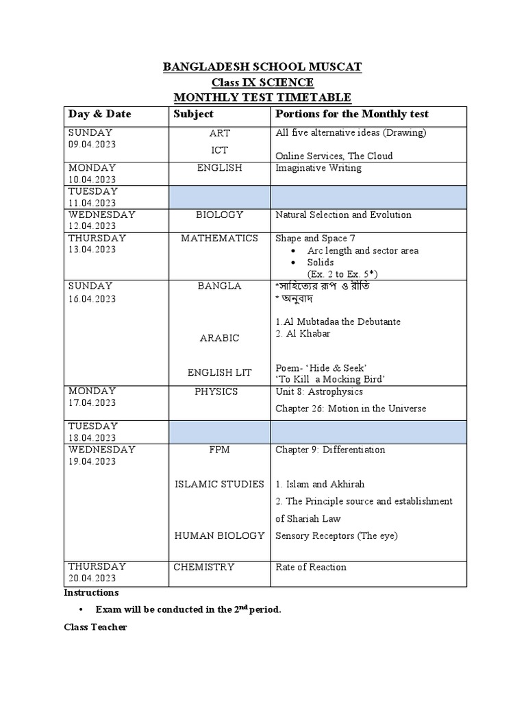 Bangladesh School Muscat Class Ix Science Monthly Test Timetable Day ...