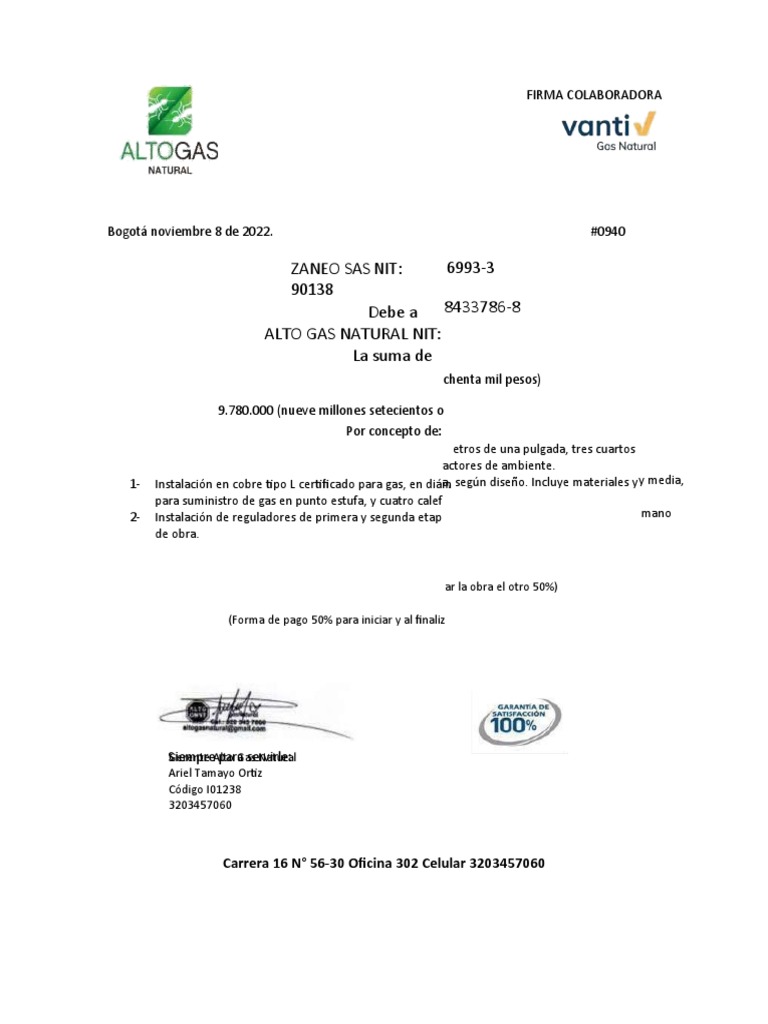 Zaneo Sas Debe A Alto Gas Natural Nit: La Suma de 8433786-8: Firma ...