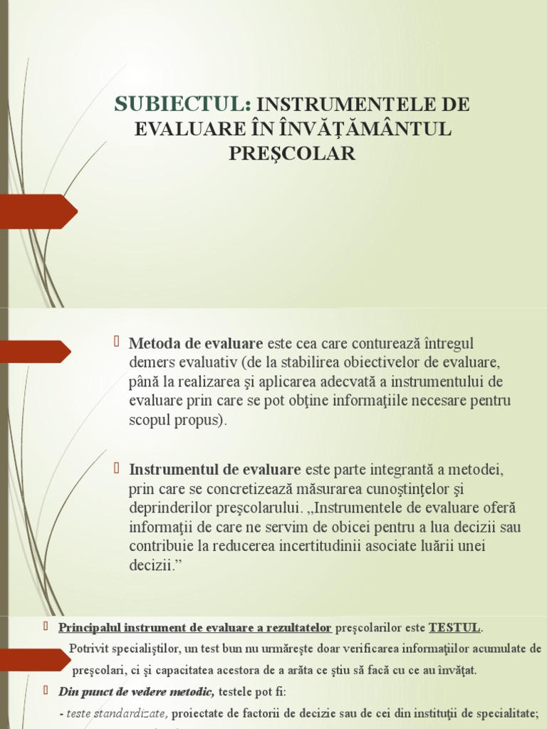 Instrumentele de Evaluare În Învăţământul Preşcolar | PDF