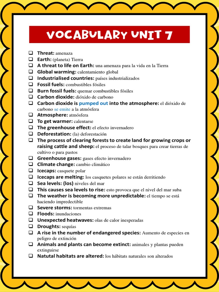 Vocabulary Unit 7: Into The Atmosphere | PDF | Cambio climático | Tierra