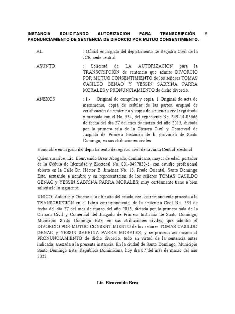 TOMAS CASILDO Instancia Registro Civil | PDF | Divorcio | República ...