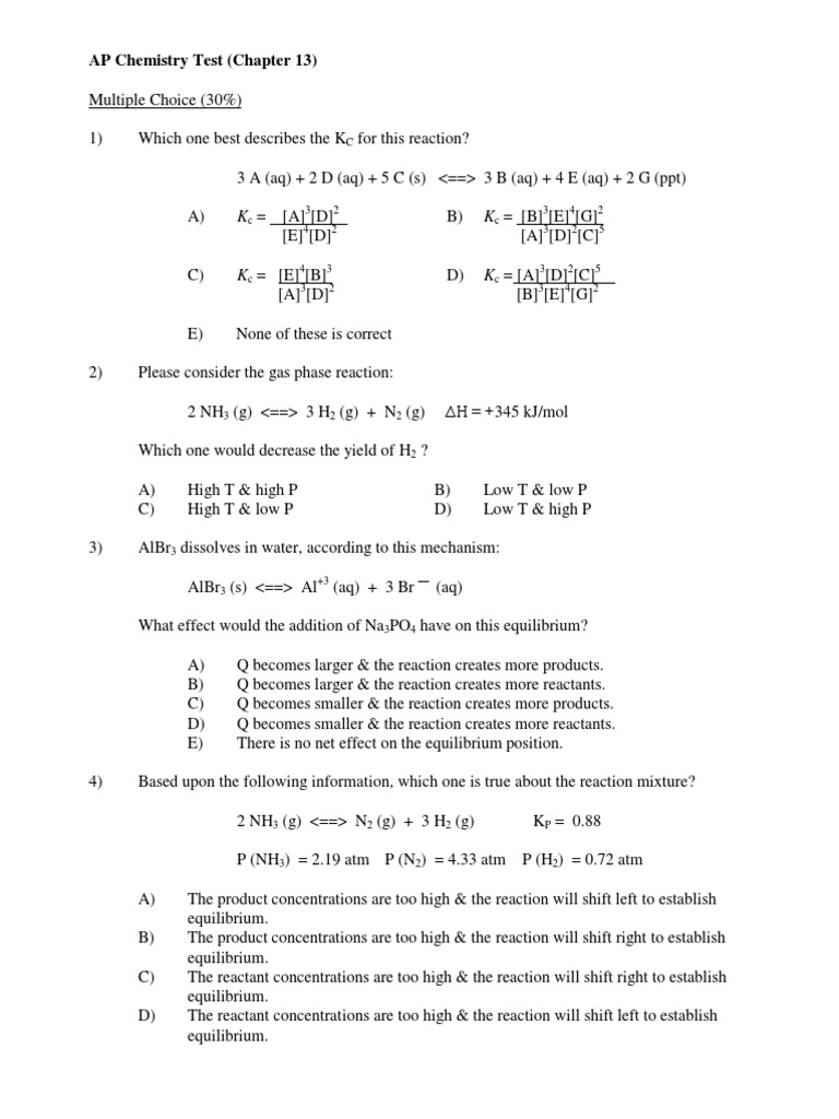 AP Chemistry Chapter 13 Test | PDF | Chemical Reactions | Analytical ...