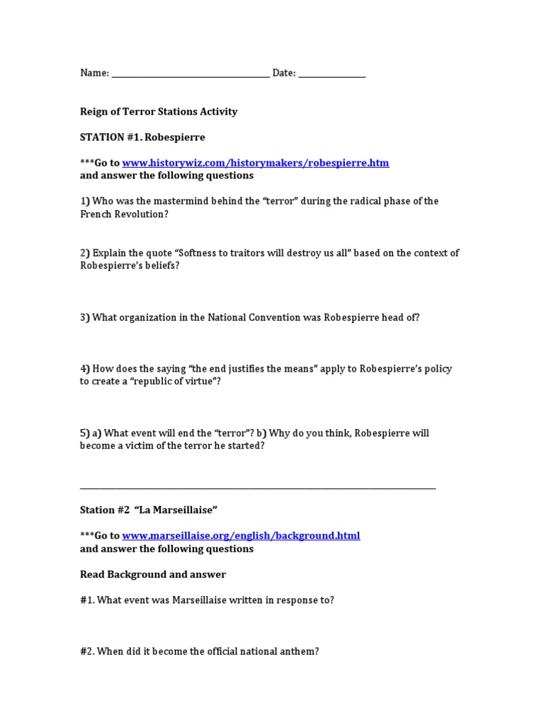 Stations Acvtivity HONORS | PDF | Reign Of Terror | French Revolution