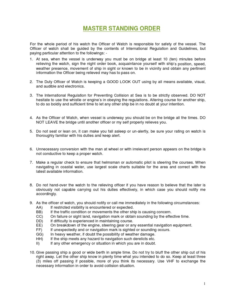 Master Standing Orders for Officers | PDF | Ships | Shipping
