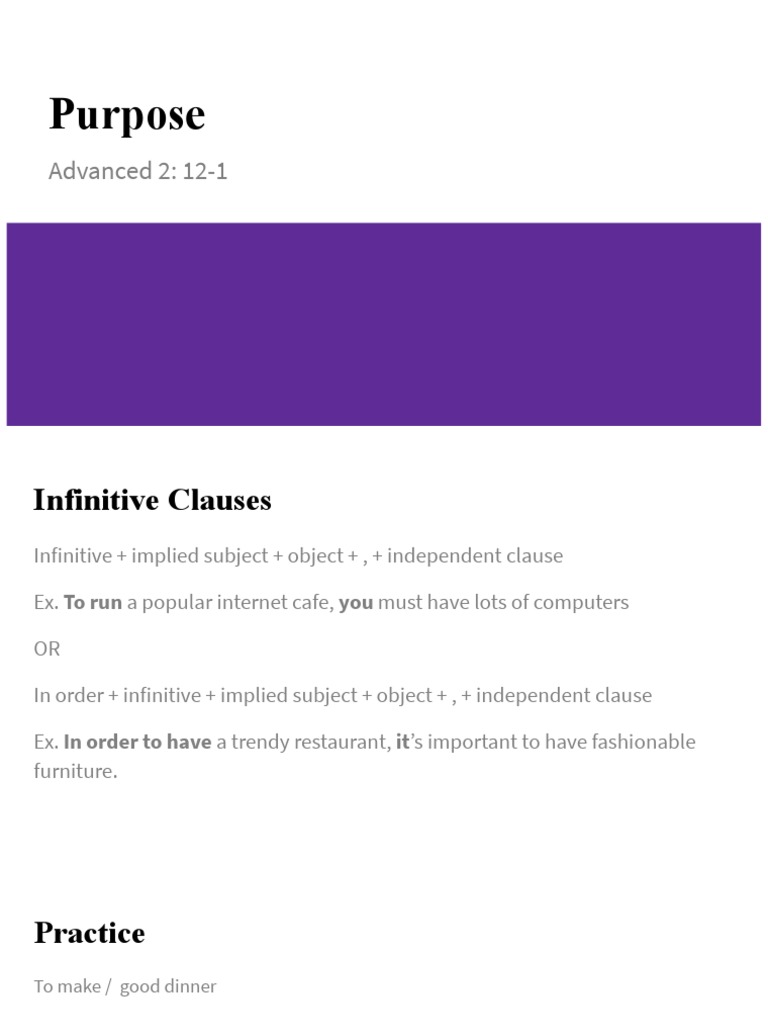 Infinitive Clauses of Purpose Explained | PDF