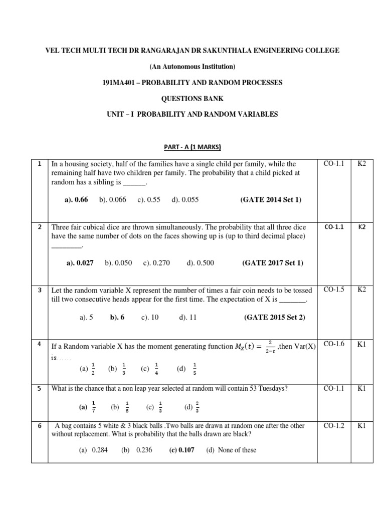 PRP (Unit-I QB) Bme | PDF | Probability Distribution | Random Variable