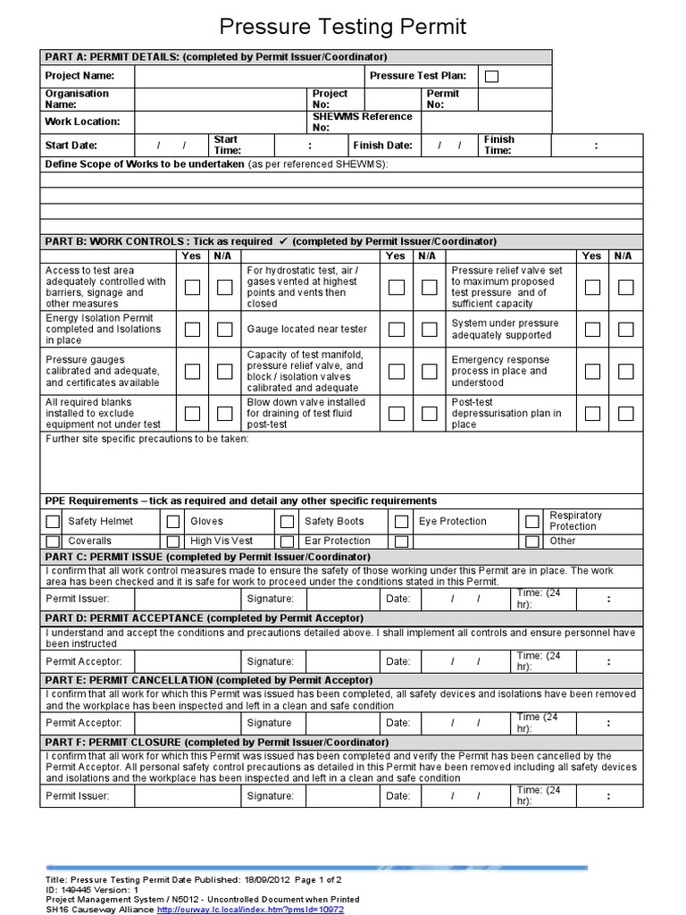 Pressure Testing Permit | PDF | Personal Protective Equipment | Safety