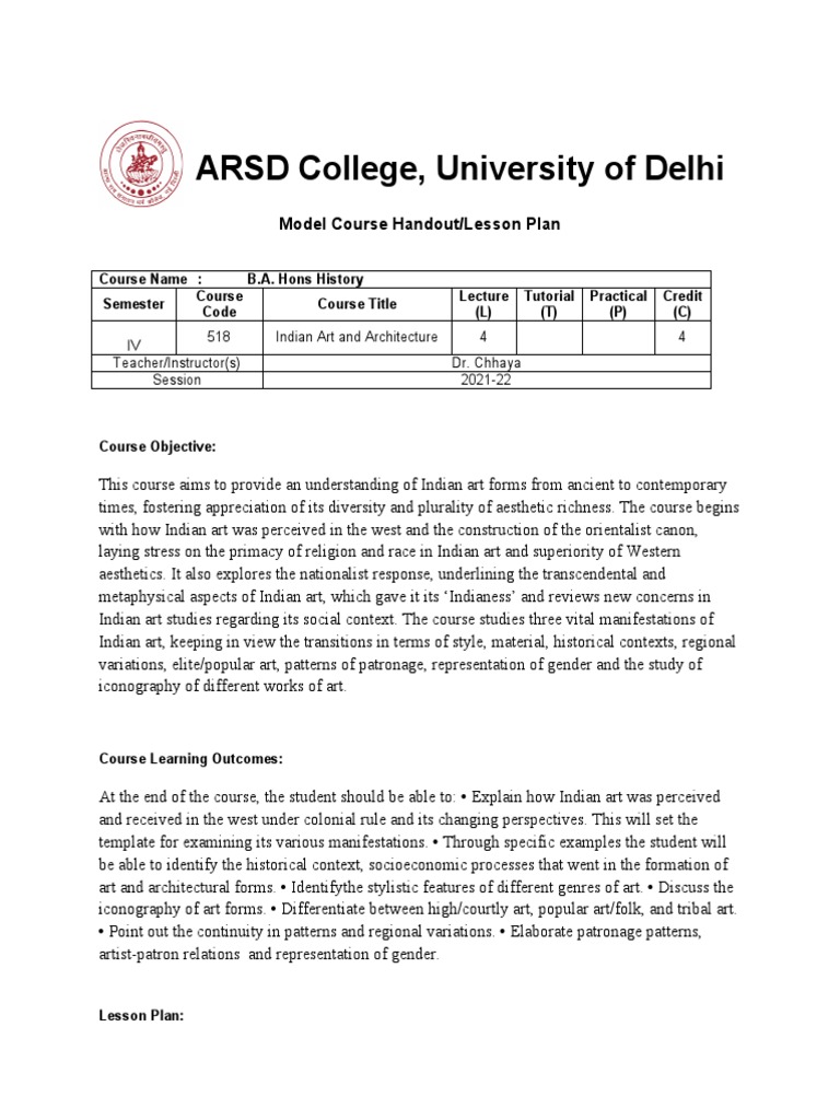 ARSD College, University of Delhi: Model Course Handout/Lesson Plan ...