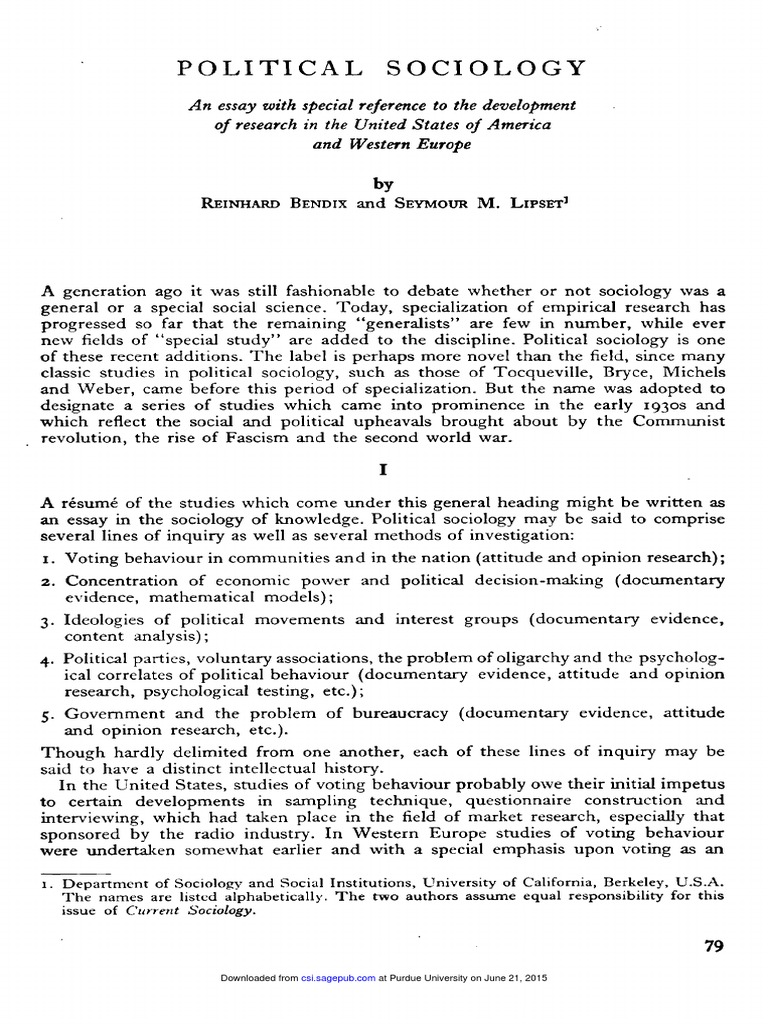 Bendix and Lipset - 1957 - Political Sociology: An Essay | PDF ...