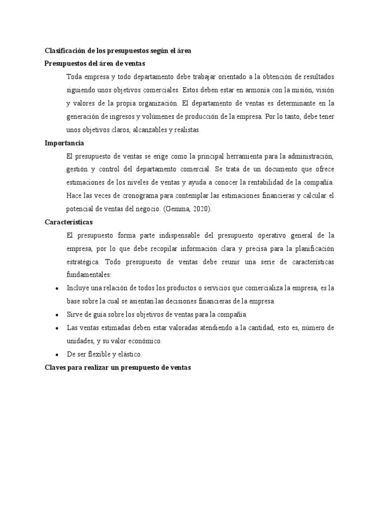 CLASIFICACIÓN DE LOS PRESUPUESTOS SEGÚN SU ÁREA | PDF | Presupuesto | Negocios económicos