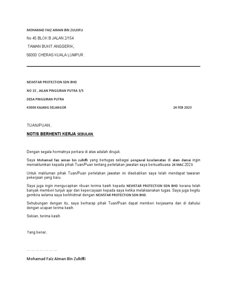 Tuan/Puan,: Notis Berhenti Kerja Sebulan | PDF