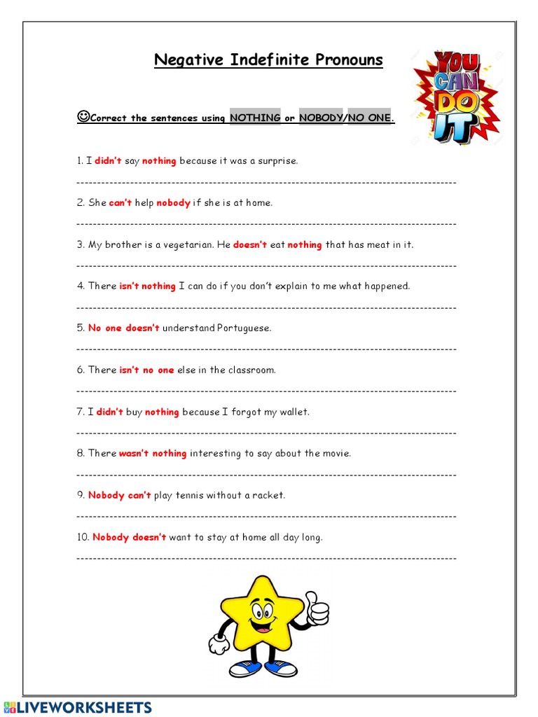 Negative Indefinite Pronouns: Correct The Sentences Using NOTHING or ...