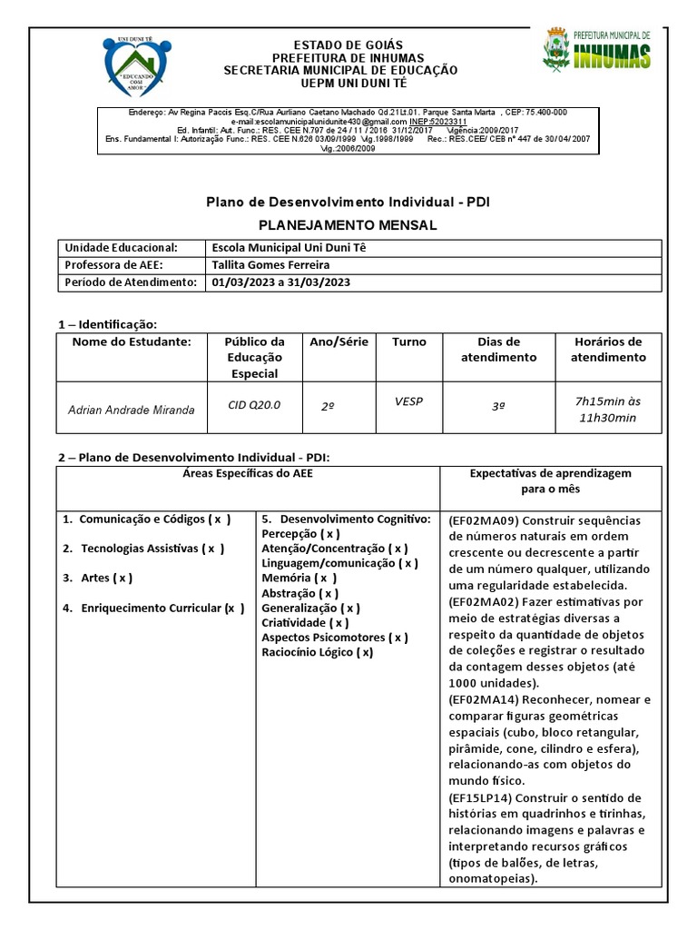 Plano de Desenvolvimento Individual - PDI Planejamento Mensal | PDF ...