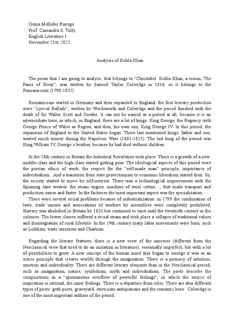 Kubla Khan Analysis: Coleridge's Dreamlike Vision | PDF